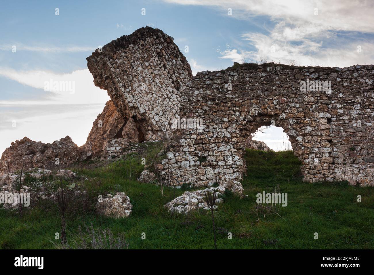 The ruins of the abandoned medieval castle of Aidone called ...
