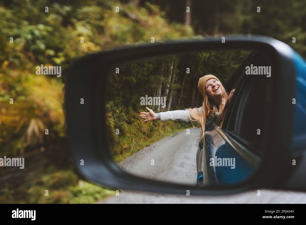 Road trip woman traveling by rental car adventure lifestyle vacation ...