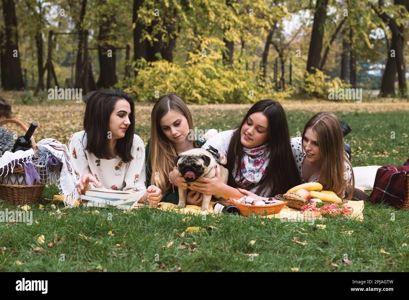Group of four young women out in the park on a fun picnic, having a ... Group of four young women out in the park on a fun picnic, having a ...