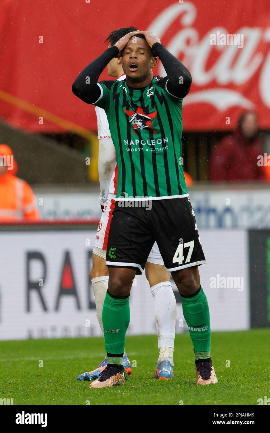 Brugge, Belgium. 01st Apr, 2023. Cercle's Tarick Tarrio Ximines looks ...