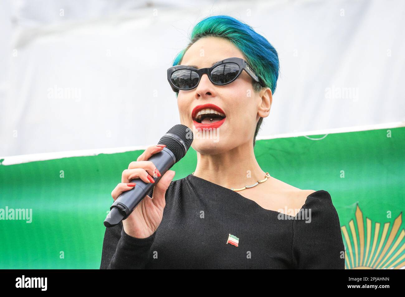 London, UK. 01st Apr, 2023. Iranian activist Lily Boo speaks at the ...