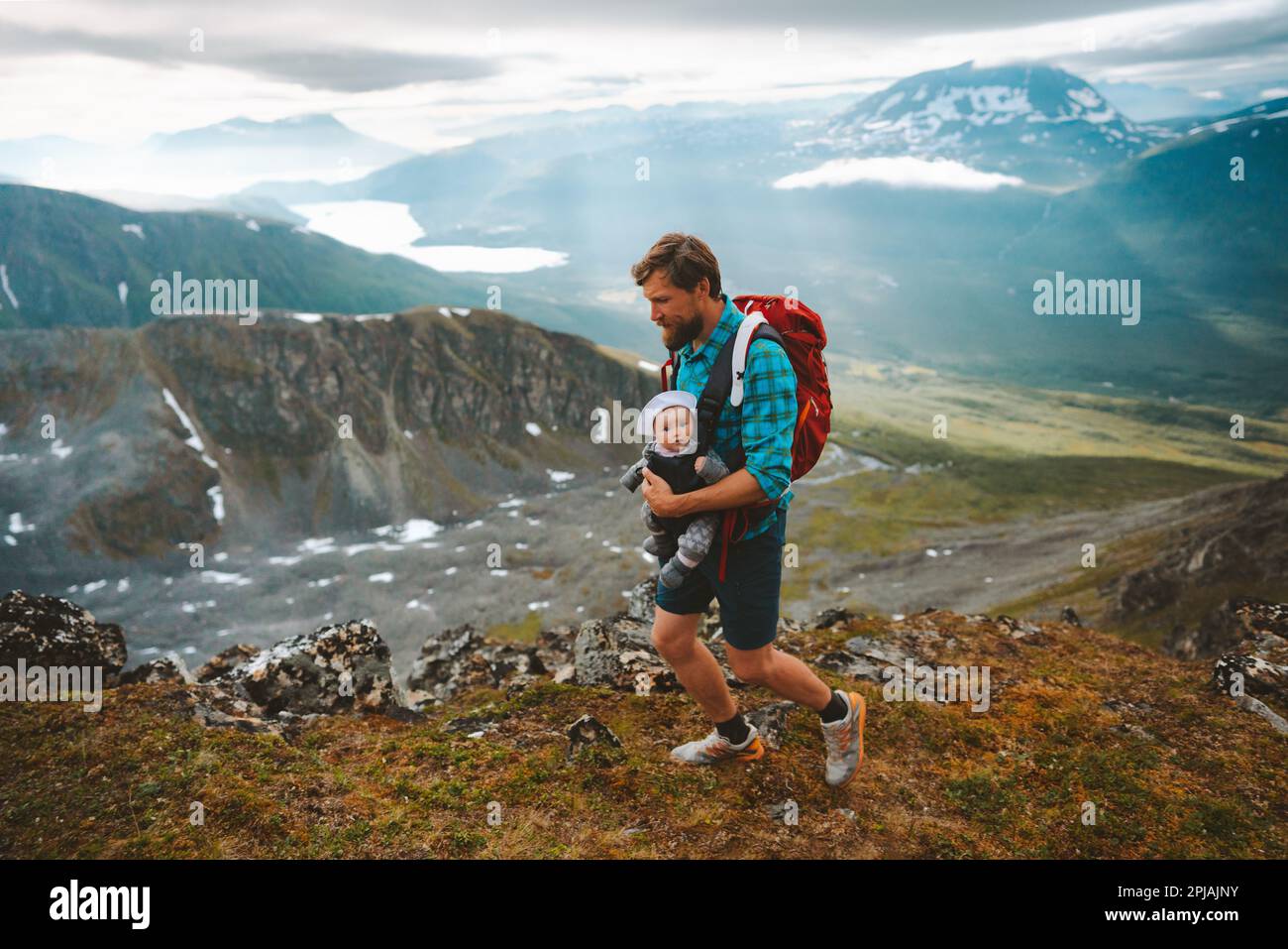 Active family vacations father trail running with baby outdoor travel ...