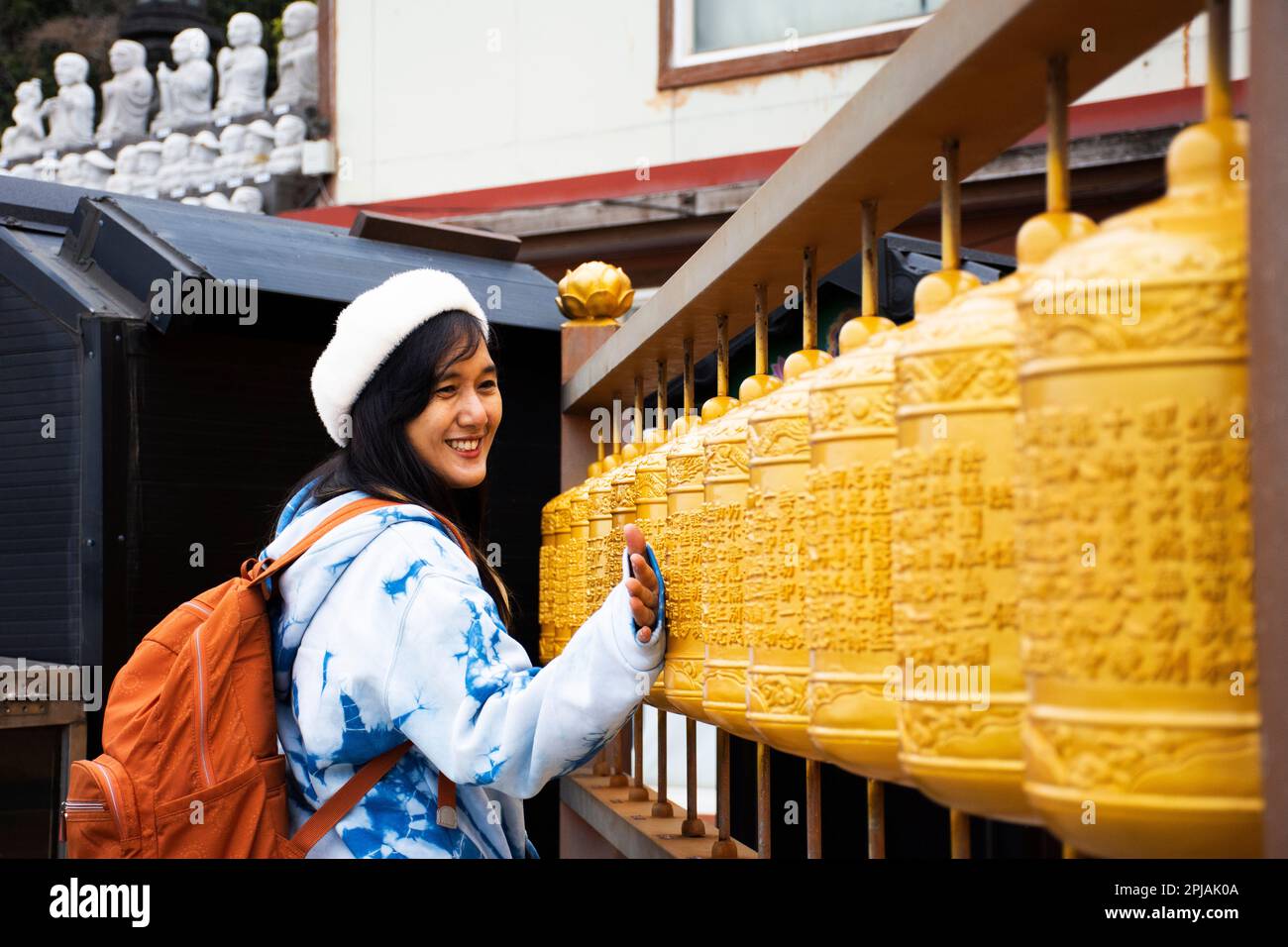 Traveler thai women travel visit and rite rotate spin with prayer ...