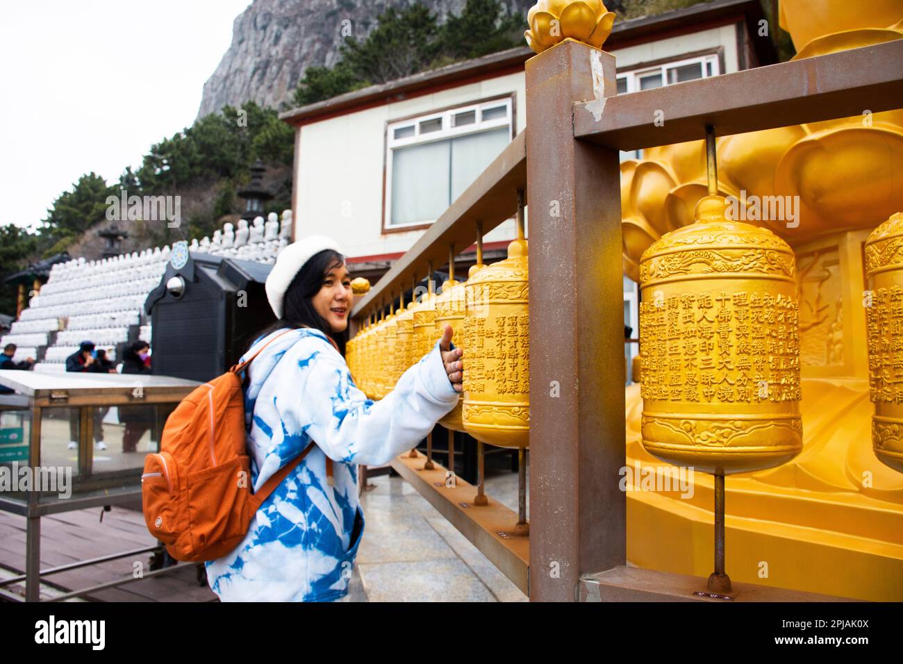 Traveler thai women travel visit and rite rotate spin with prayer ...