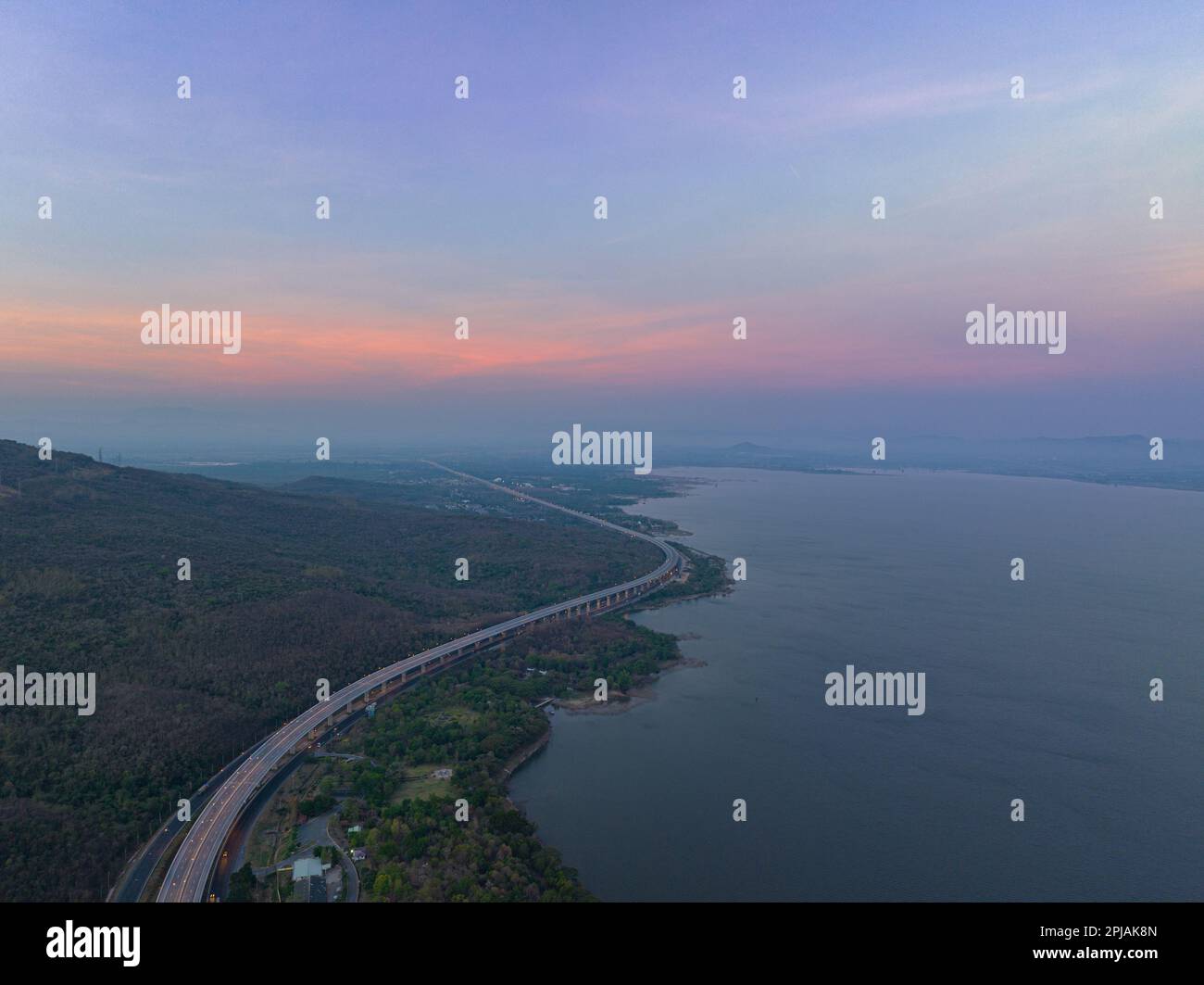 aerial view light on super highway Along the Lam Takhong Dam at ...