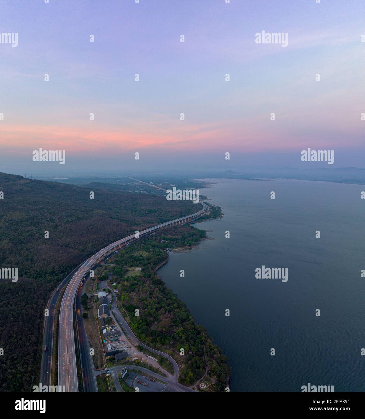 aerial view light on super highway Along the Lam Takhong Dam at ...