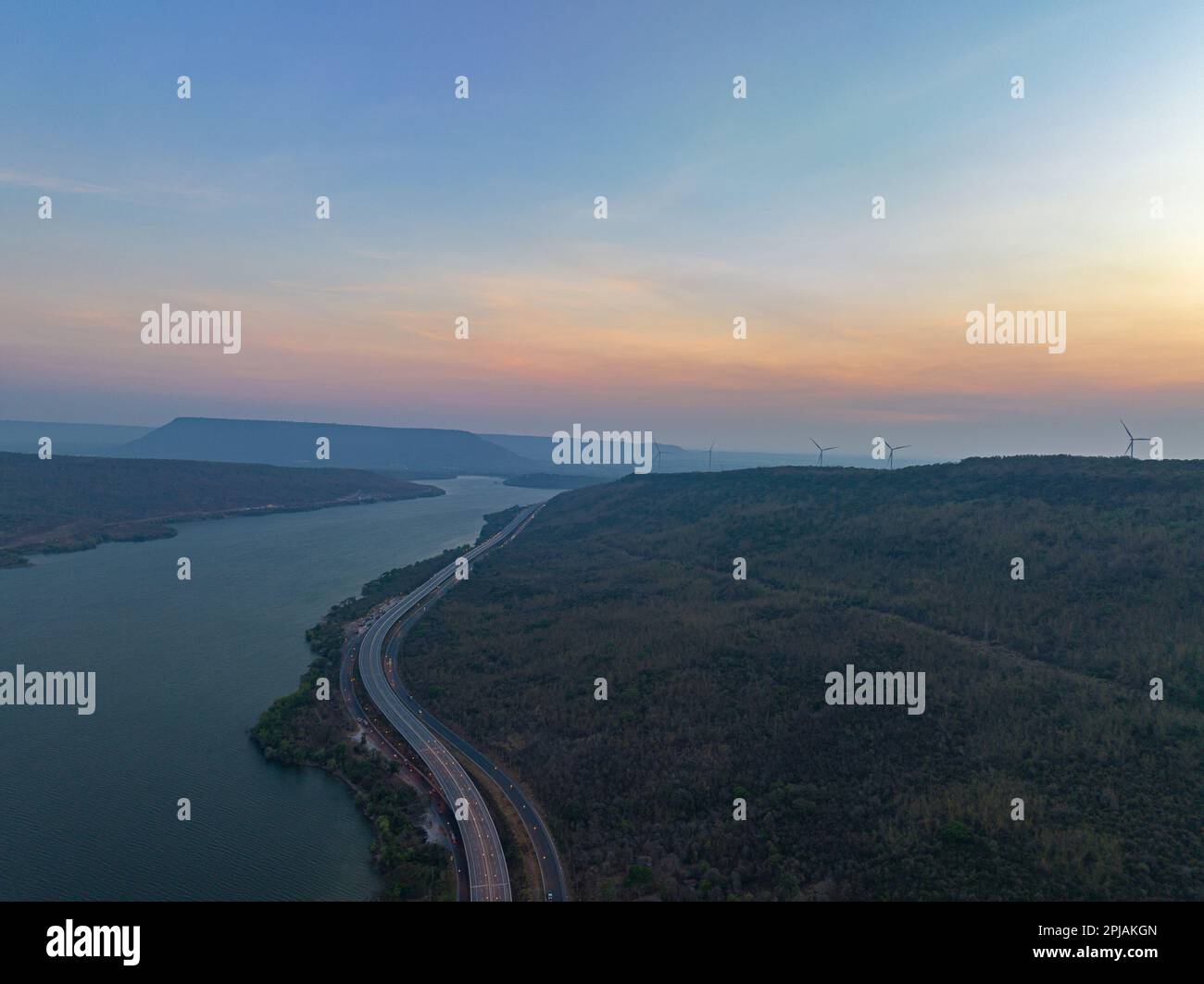 aerial view light on super highway Along the Lam Takhong Dam at ...