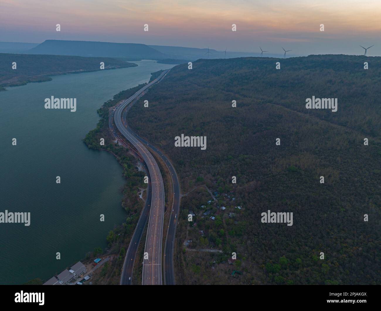 aerial view light on super highway Along the Lam Takhong Dam at ...