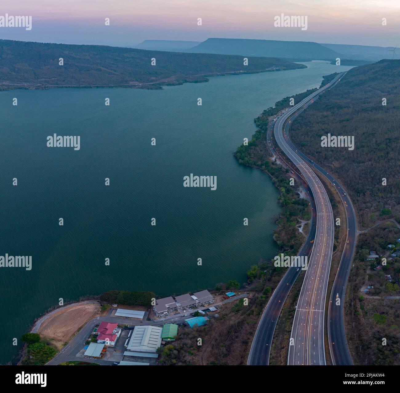 aerial view light on super highway Along the Lam Takhong Dam at ...