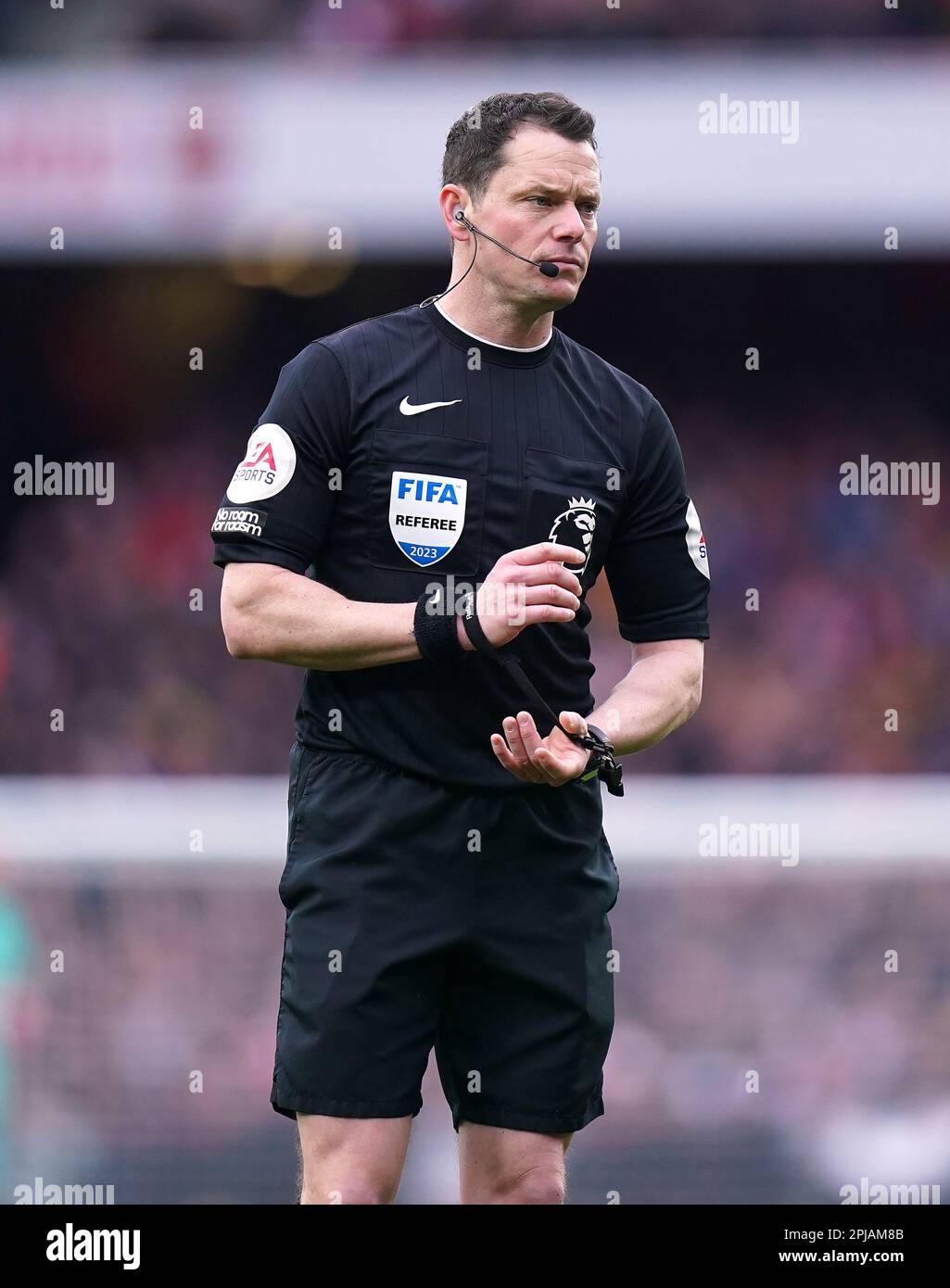 Referee Darren England during the Premier League match at the Emirates ...