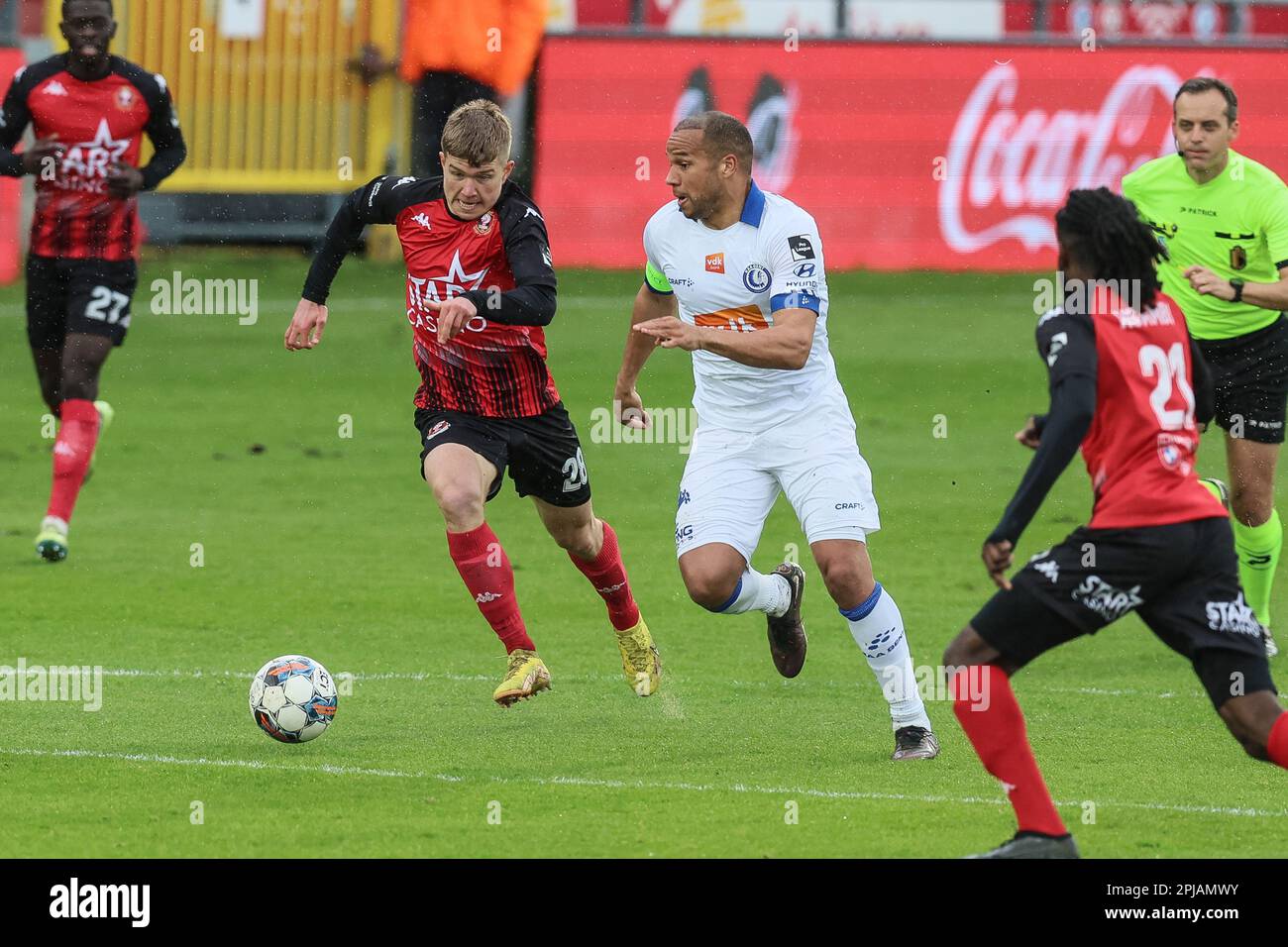 Seraing, Belgium. 01st Apr, 2023. Seraing's Denys Bunchukov and Gent's ...