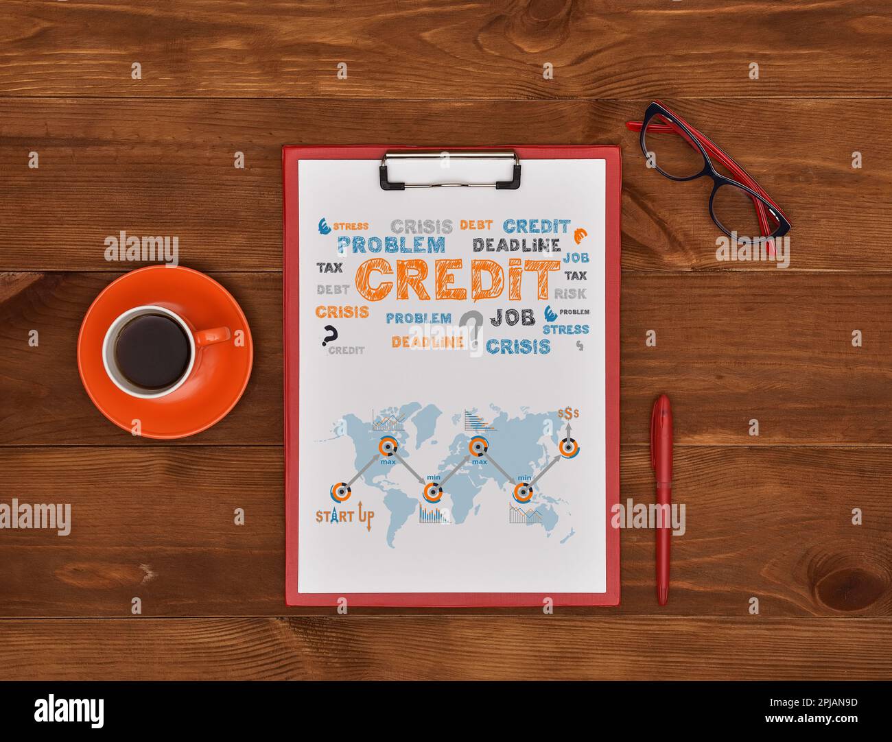 clipboard with drawing operations with financial risks, top view Stock ...