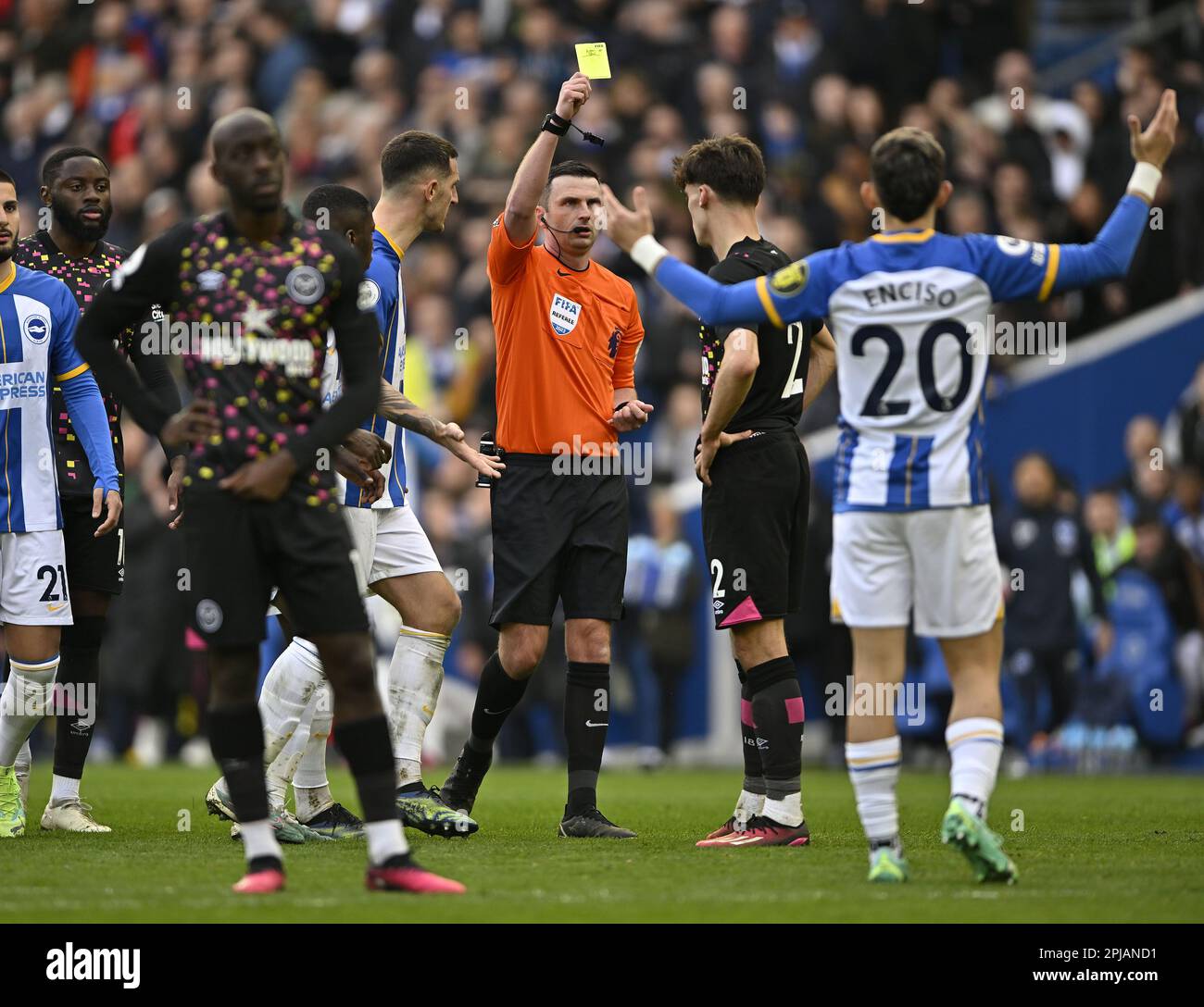 Brighton East Sussex, UK. 1st Apr, 2023. Michael Oliver (Referee) shows ...