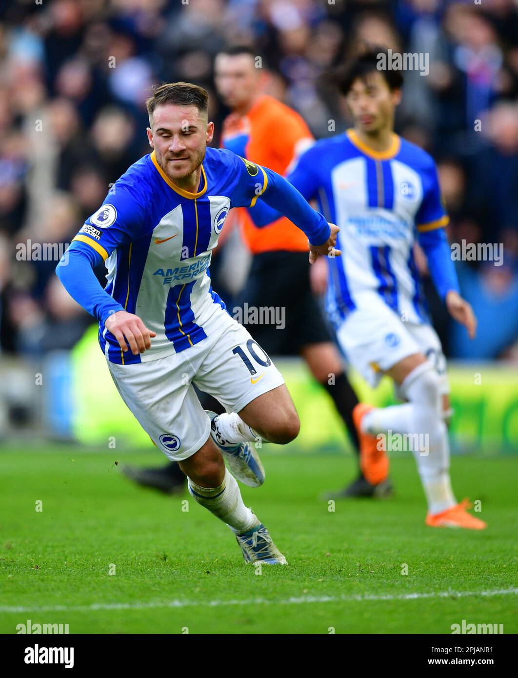 Brighton, UK. 01st Apr, 2023. Alexis Mac Allister of Brighton and Hove Albion runs to celebrate ...