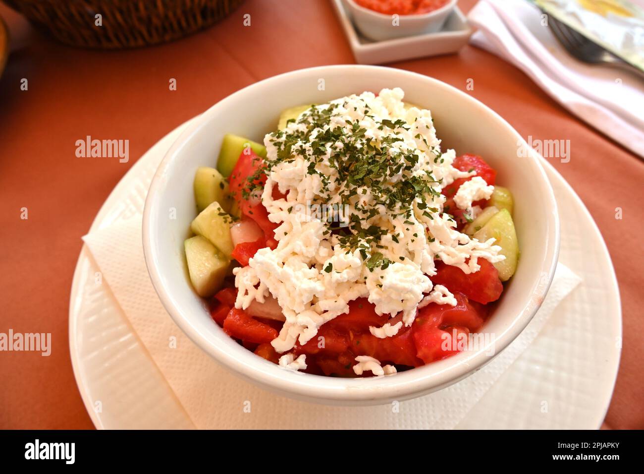 Shopska salad, one of the most popular salads in the menu of the Balkan ...