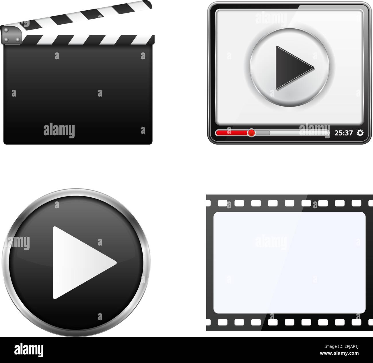 Clapper board, video player, play button and film strip, vector eps10 ...