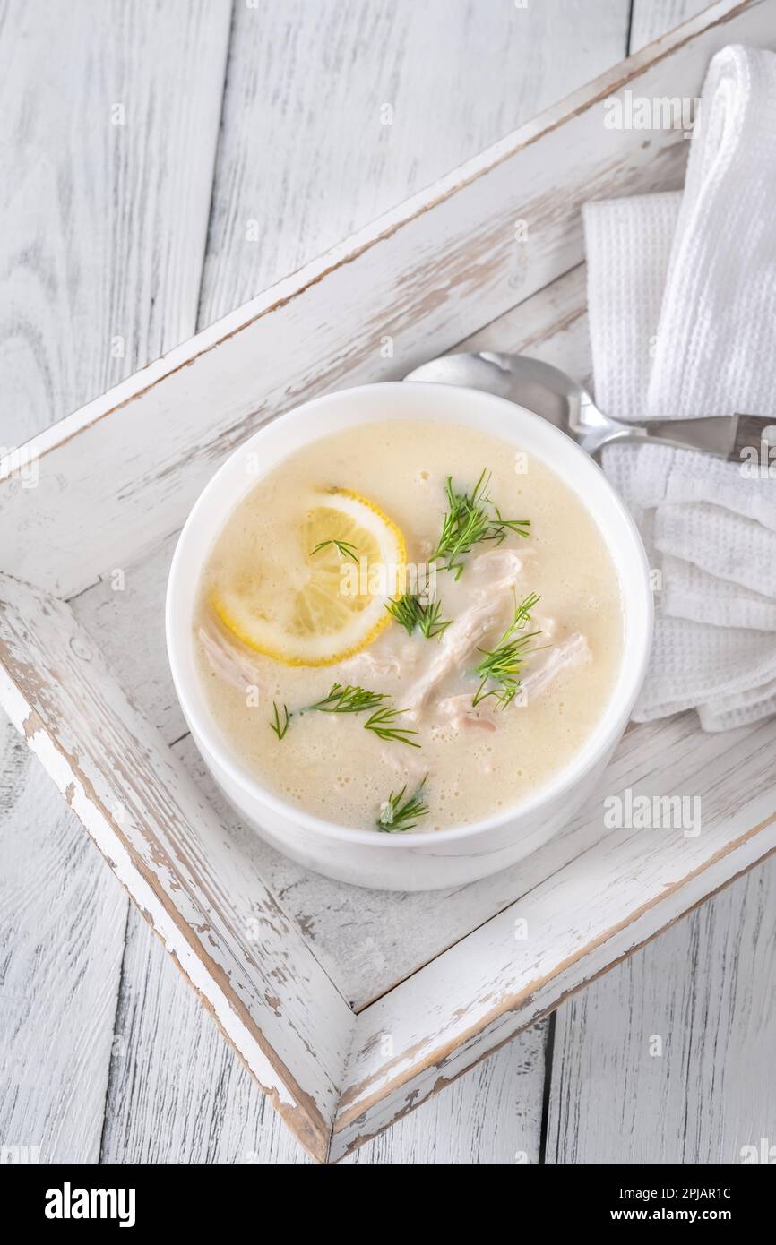 Avgolemono Chicken Soup with Rice and lemon Stock Photo - Alamy