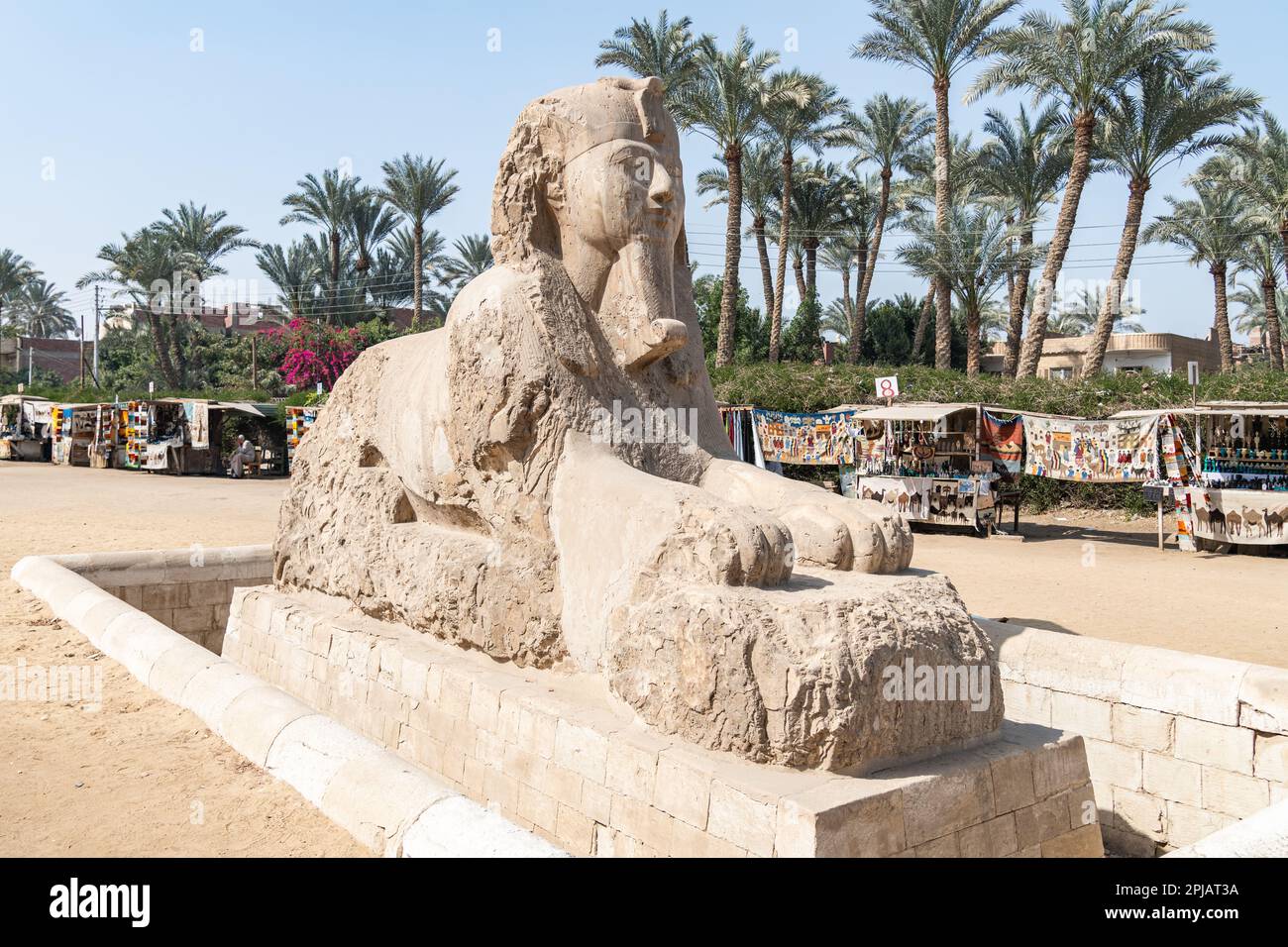A sphinx like statue of a pharaoh at the open air museum in Memphis ...
