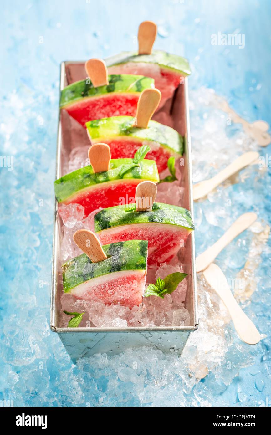 Juicy and sweet watermelon ice cream on a stick. Sorbets made of ...