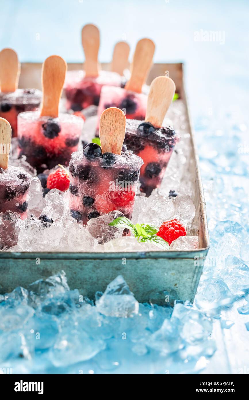 Delicious and homemade berry fruits ice cream on a stick. Frozen forest ...