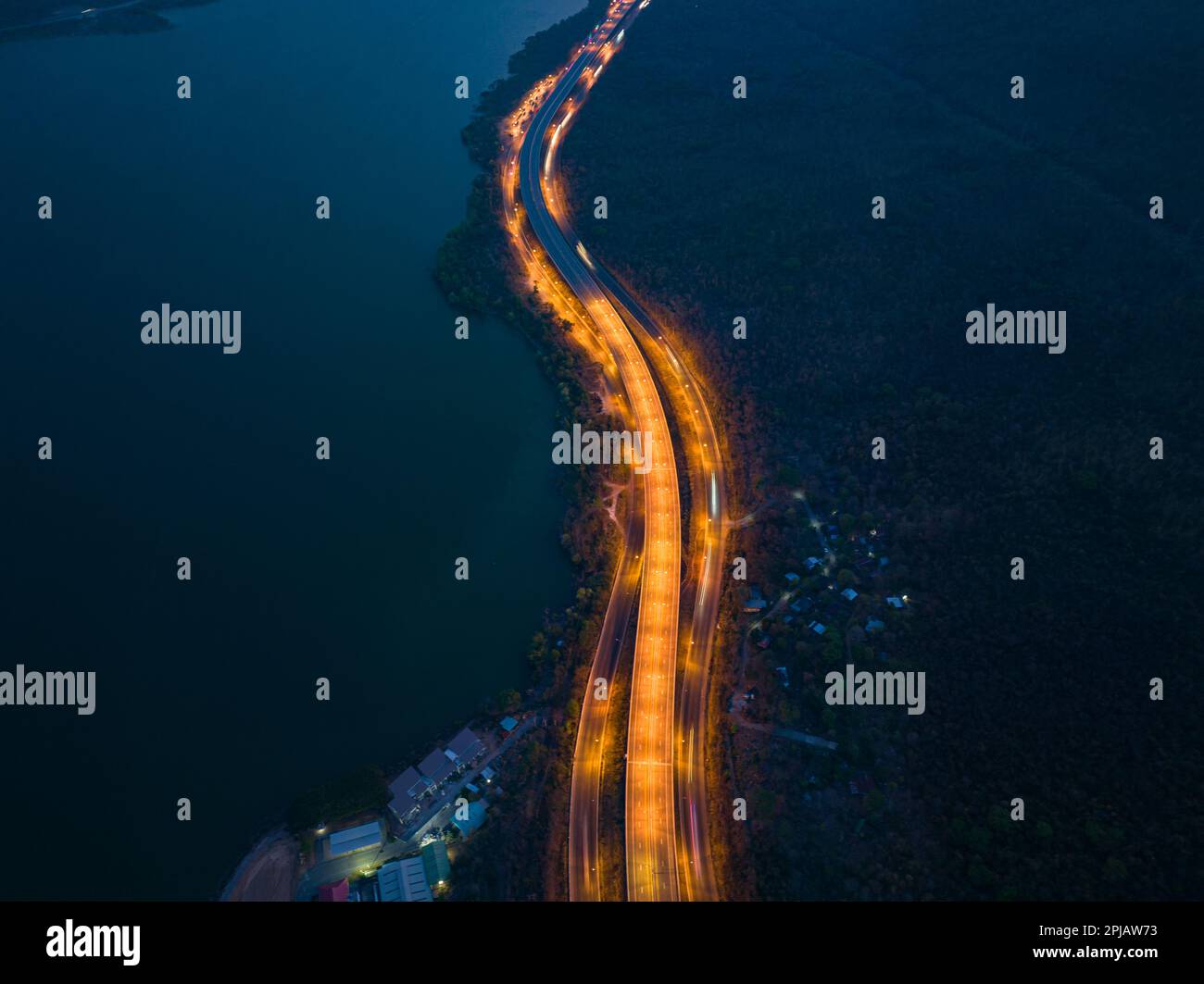 aerial view orange lights on the expressway along the route along the ...