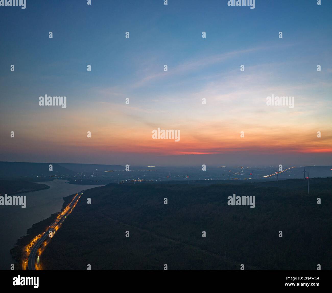aerial view orange lights on the expressway along the route along the ...