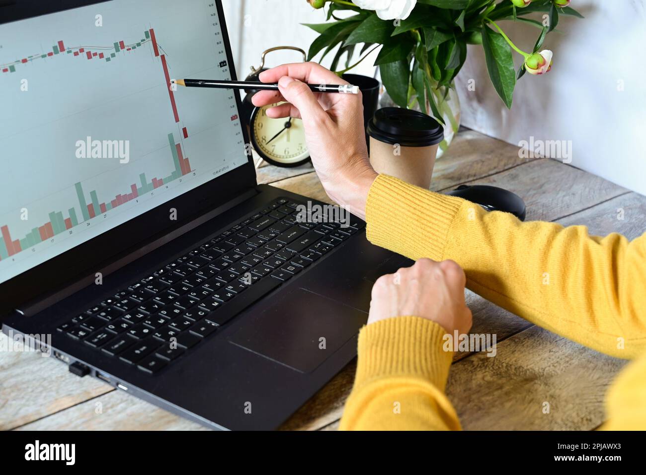Analyst office work. Work desk with calculator, notepad and financial ...