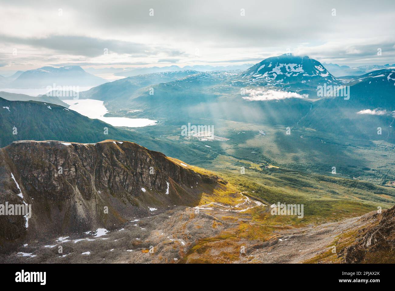 Northern Norway mountain landscape aerial view beautiful rays of light ...
