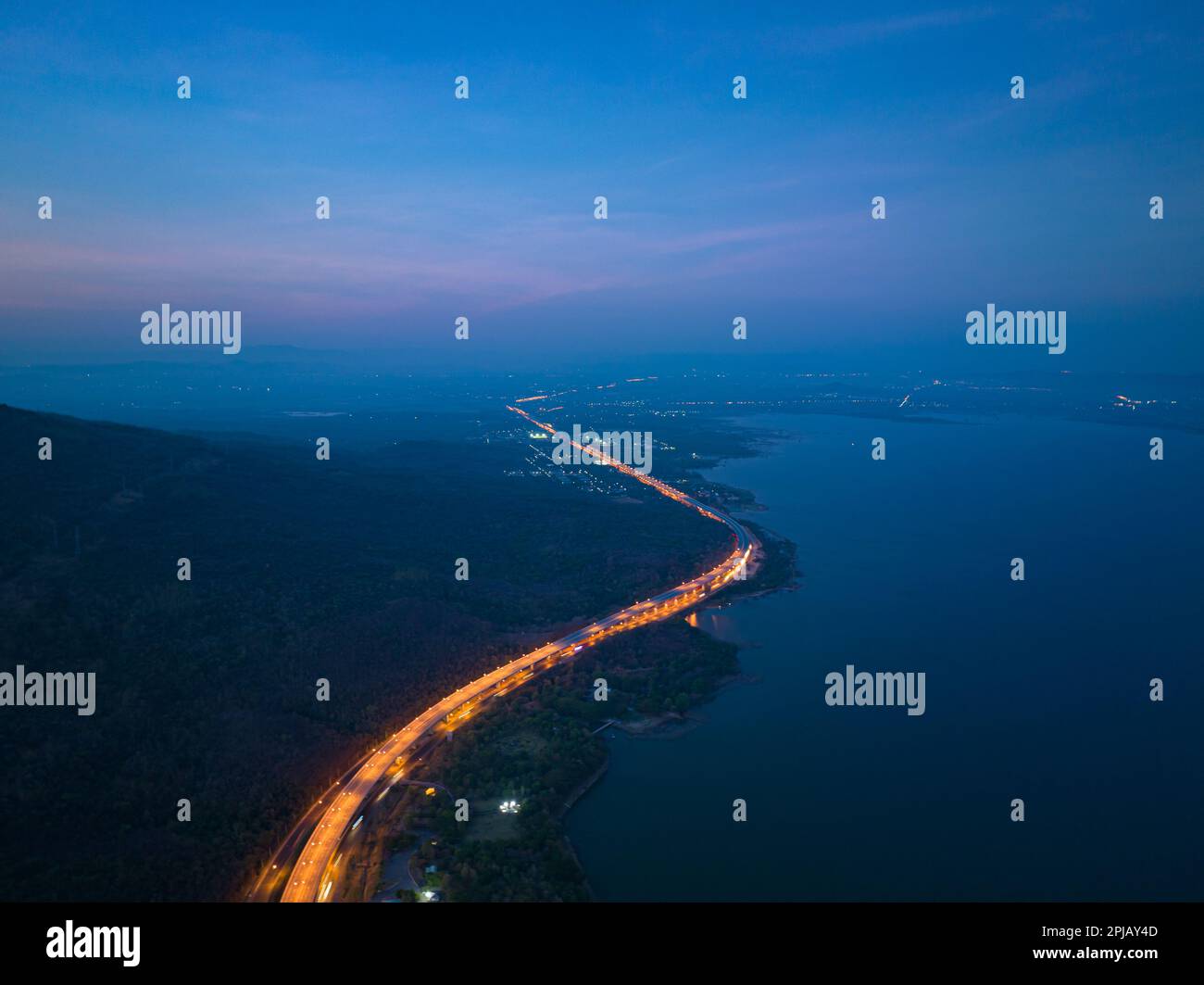 aerial view orange lights on the expressway along the route along the ...