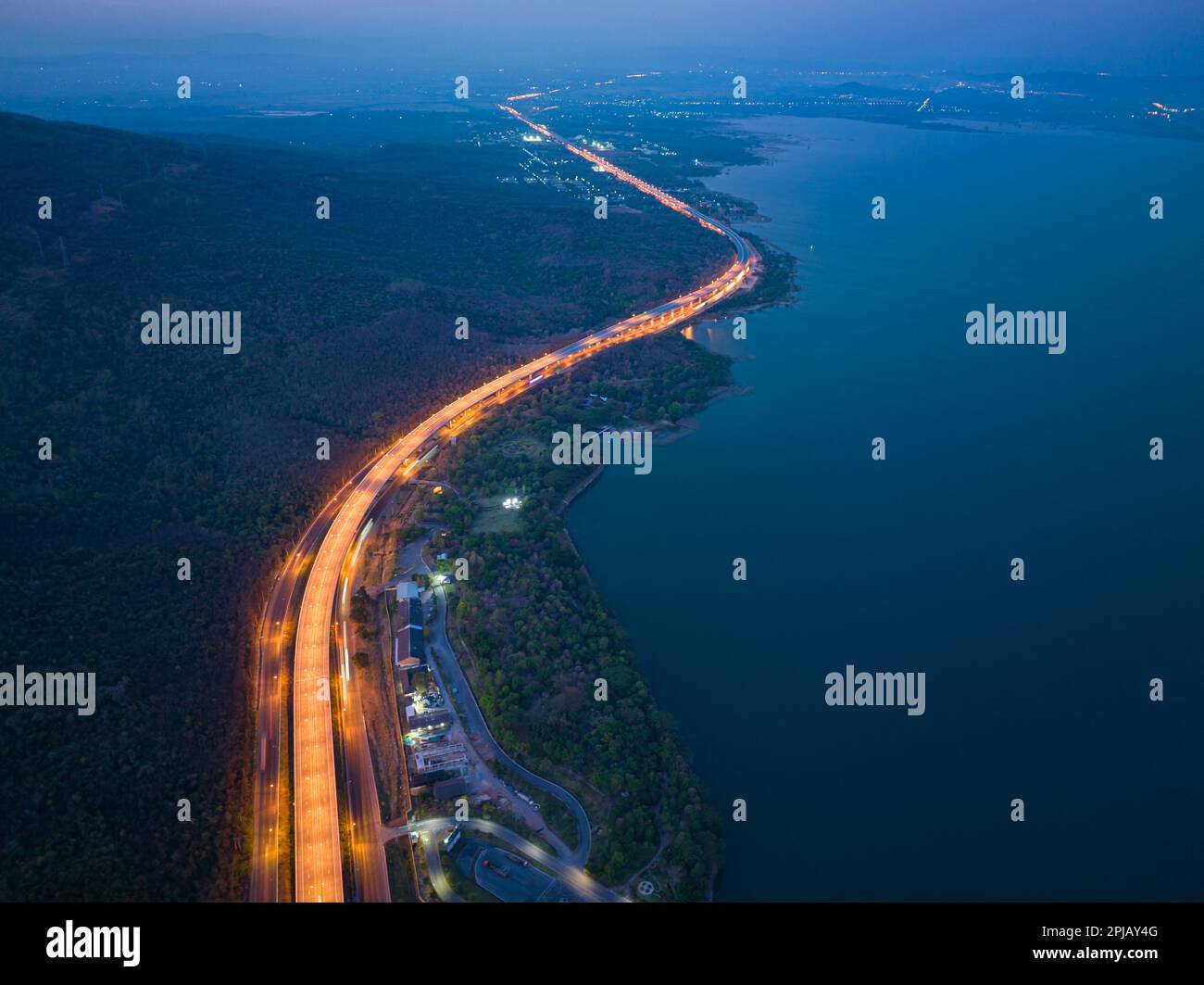 aerial view orange lights on the expressway along the route along the ...