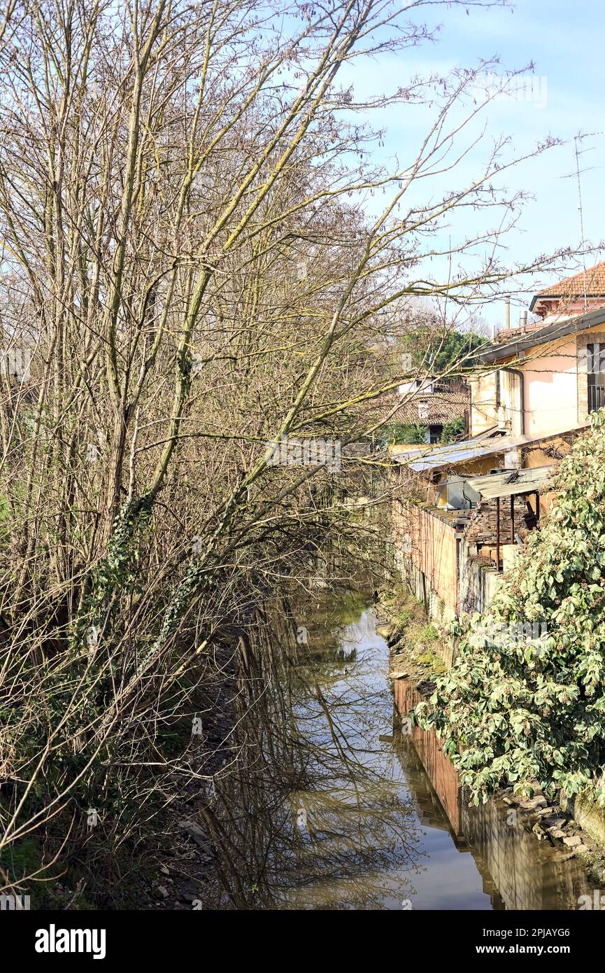 Stream of water bordered by trees in a village Stock Photo - Alamy