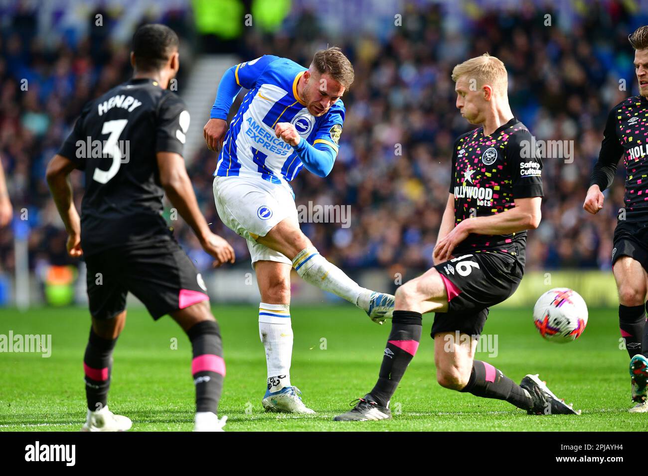 Brighton, UK. 01st Apr, 2023. Alexis Mac Allister of Brighton and Hove Albion has an attempt on ...