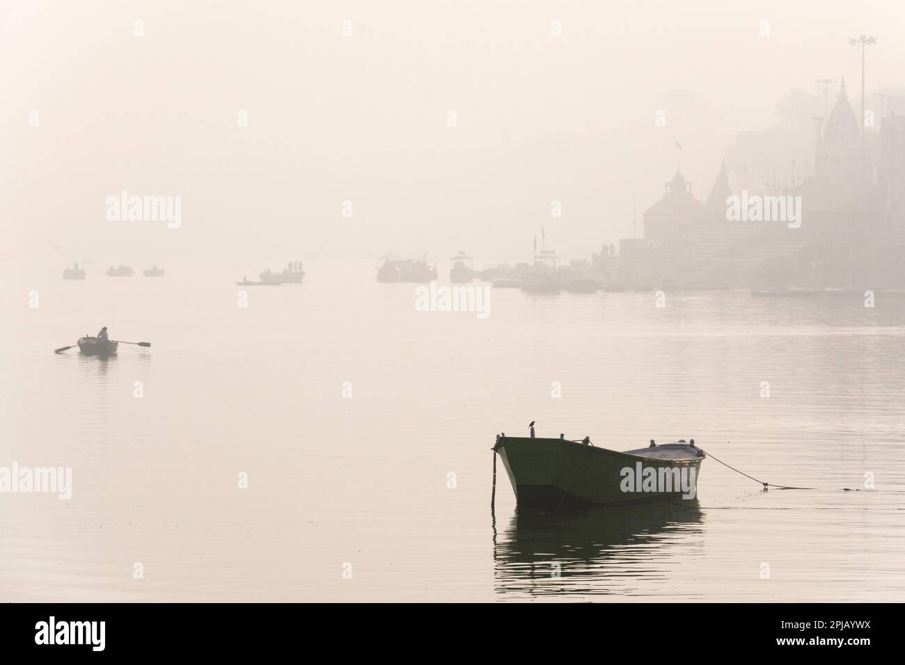 Early morning winter mist on the Ganges in Varanasi, India Stock Photo ...