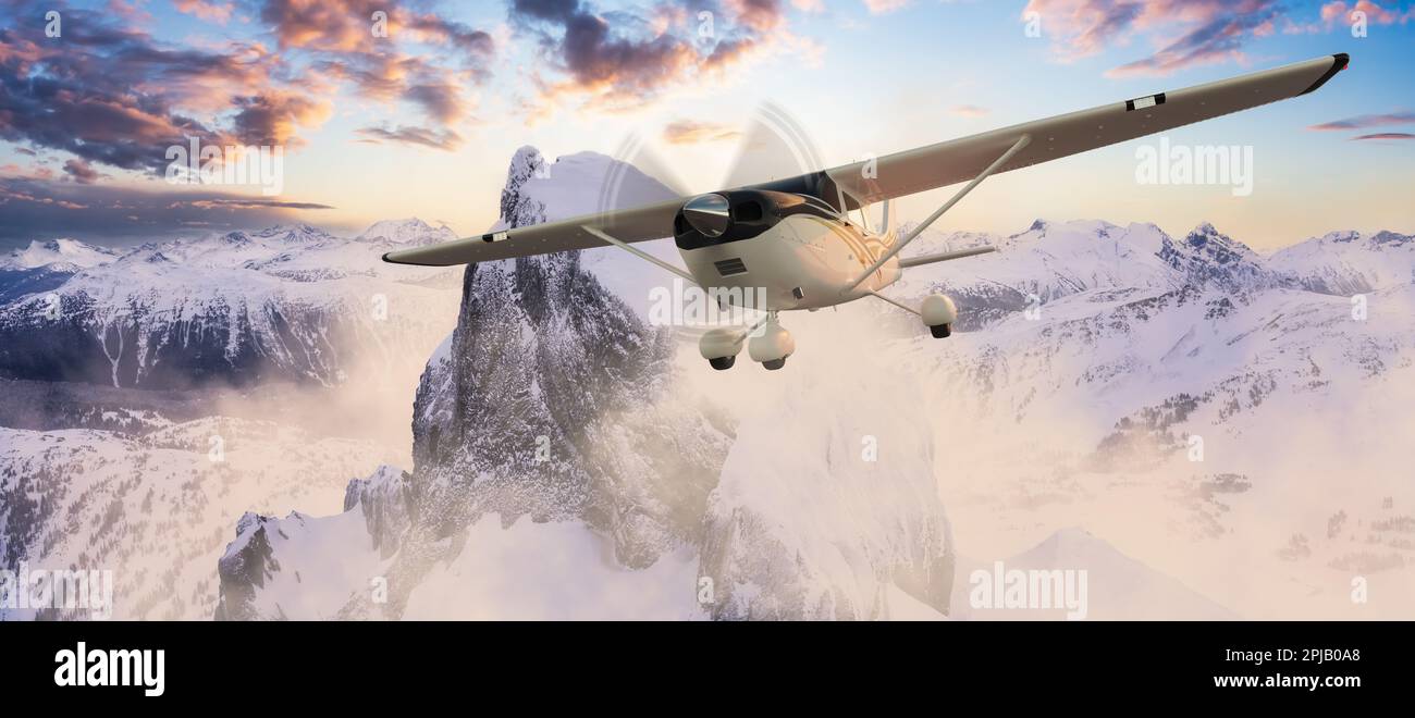 Airplane flying over Canadian Mountain Landscape. Adventure Travel ...