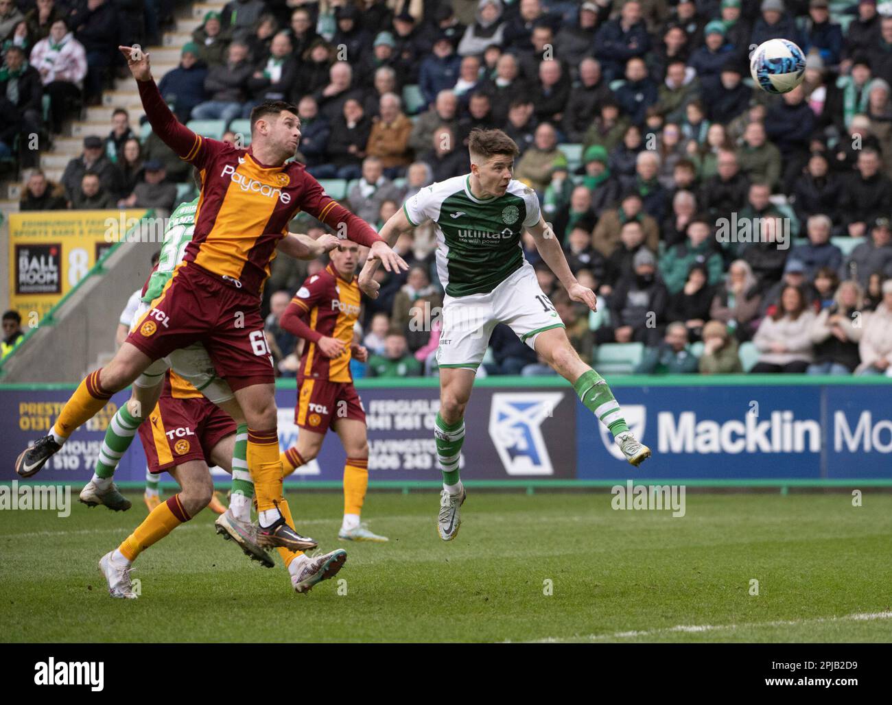 EDINBURGH, SCOTLAND - APRIL 1 2023: HibsÕ striker, Kevin Nisbet, opens ...