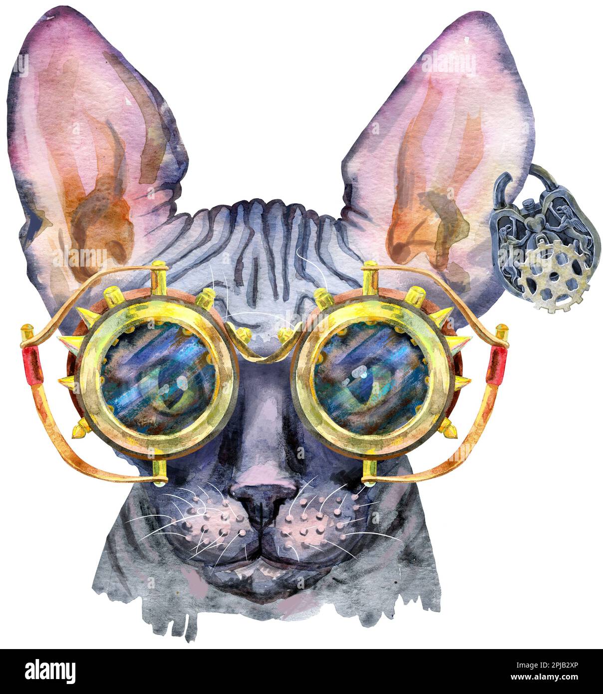 Cute cat in goggles. Cat for t-shirt graphics. Watercolor Sphynx cat ...