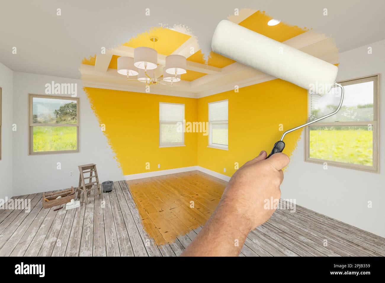 Before and After of Man Using A Paint Roller to Reveal Newly Remodeled ...
