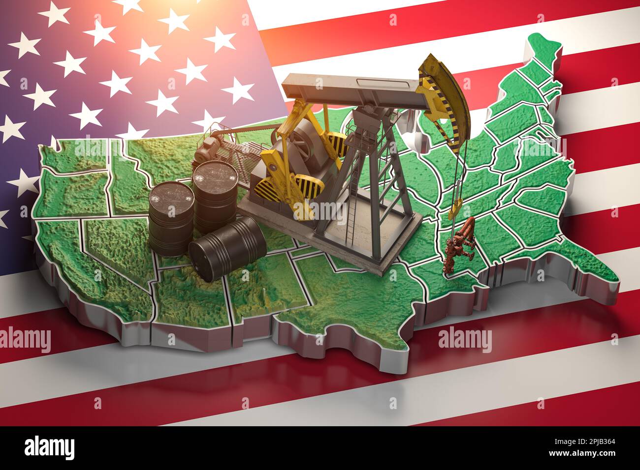 Oil pump and oil barrels on USA map/ USA Crude oil indudtry concept. 3d ...