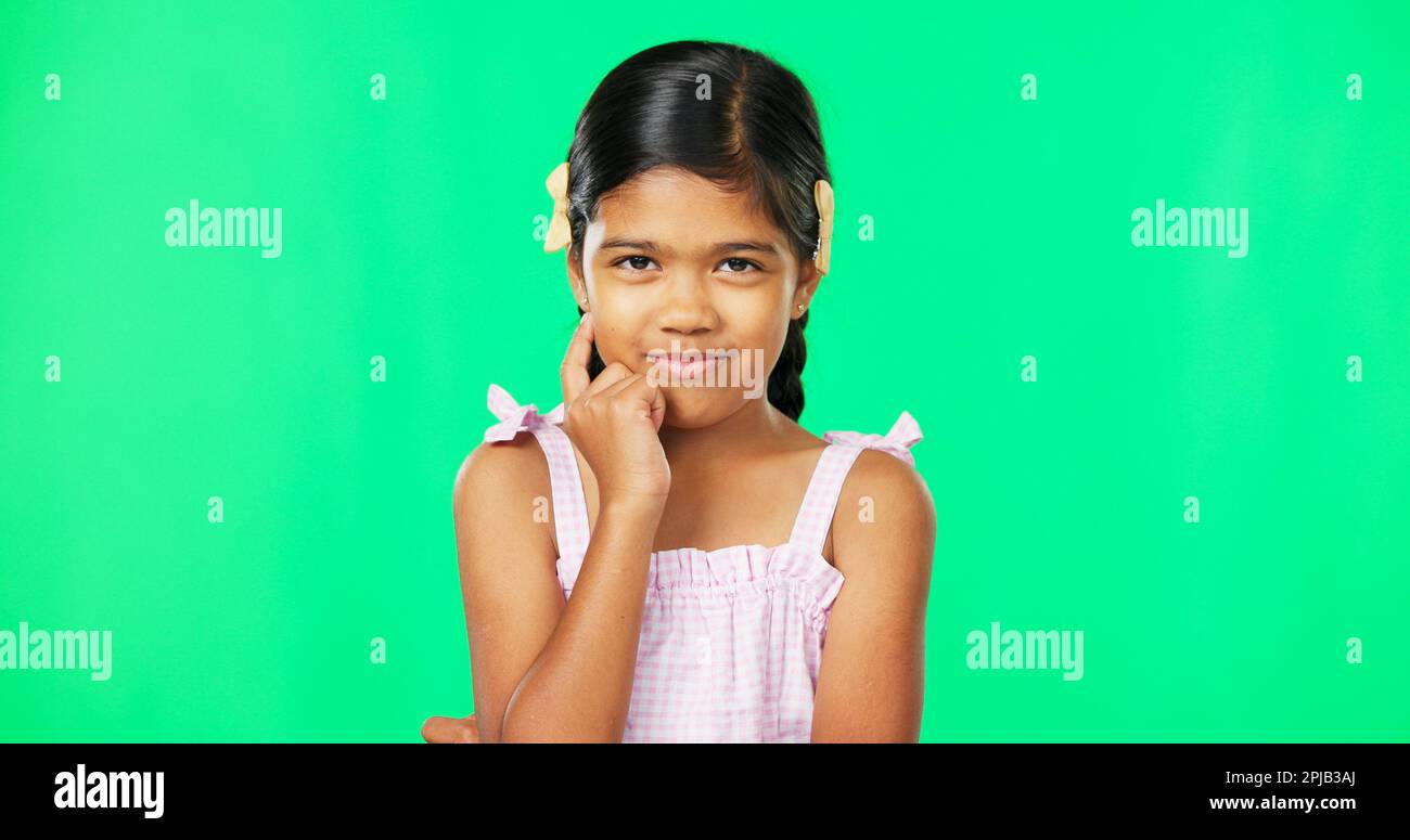 Thinking, green screen and idea by child with a question feeling ...