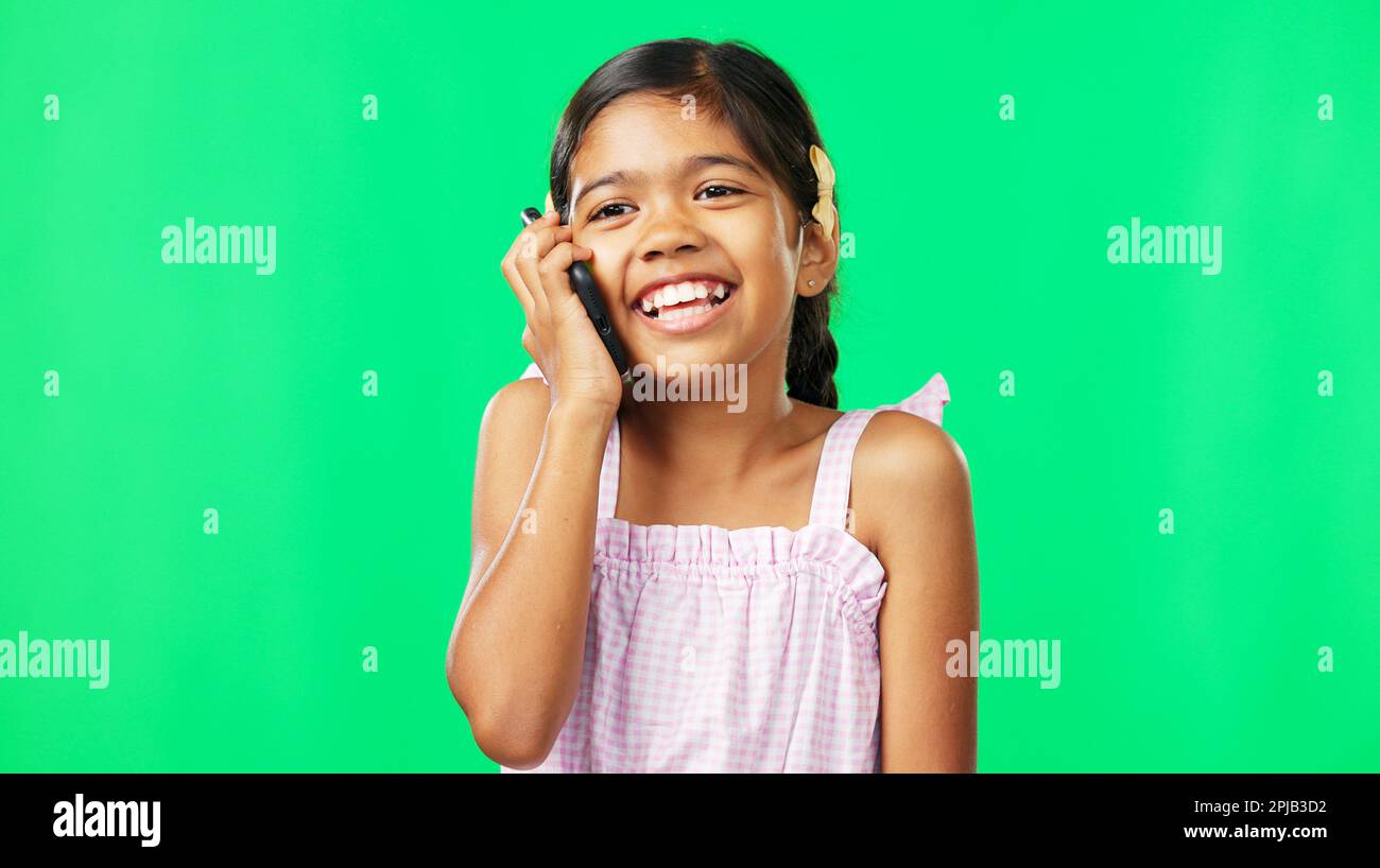 Communication, green screen and girl with smile, phone call and ...