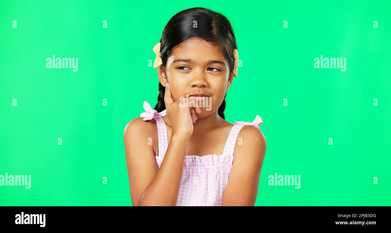 Thinking, green screen and idea by child with a question feeling ...