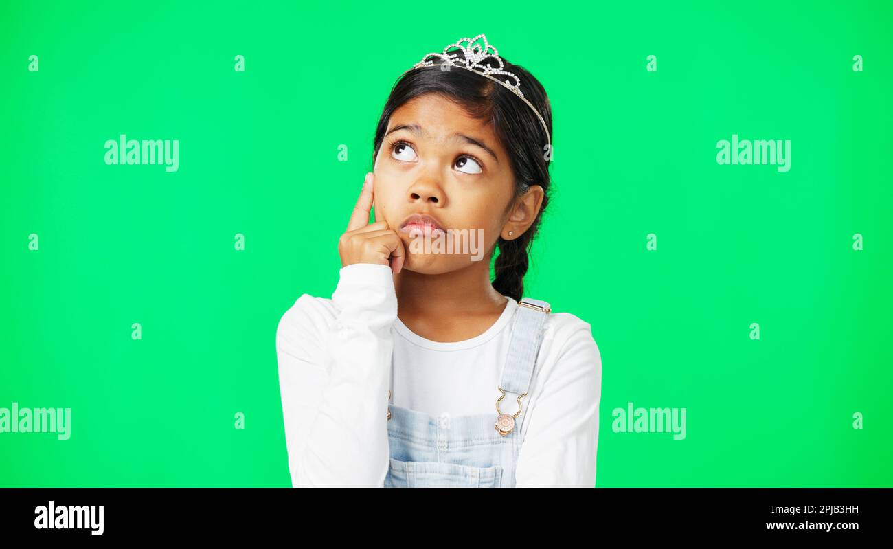 Thinking, green screen and child wondering with a question feeling ...