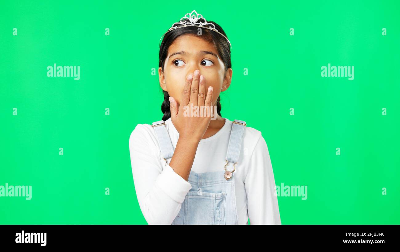 Girl, princess and shock face by green screen studio with wow, surprise ...
