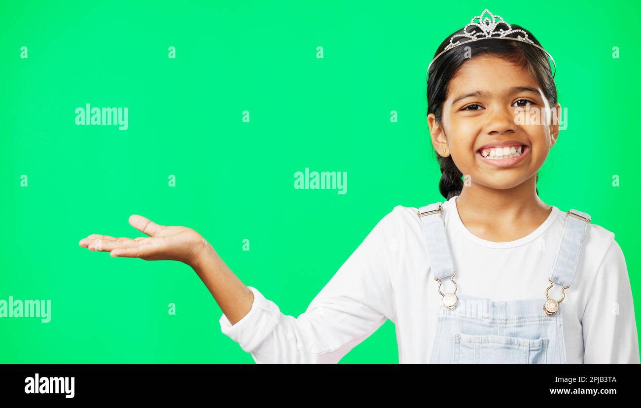 Mockup, green screen and child open hand showing product placement ...