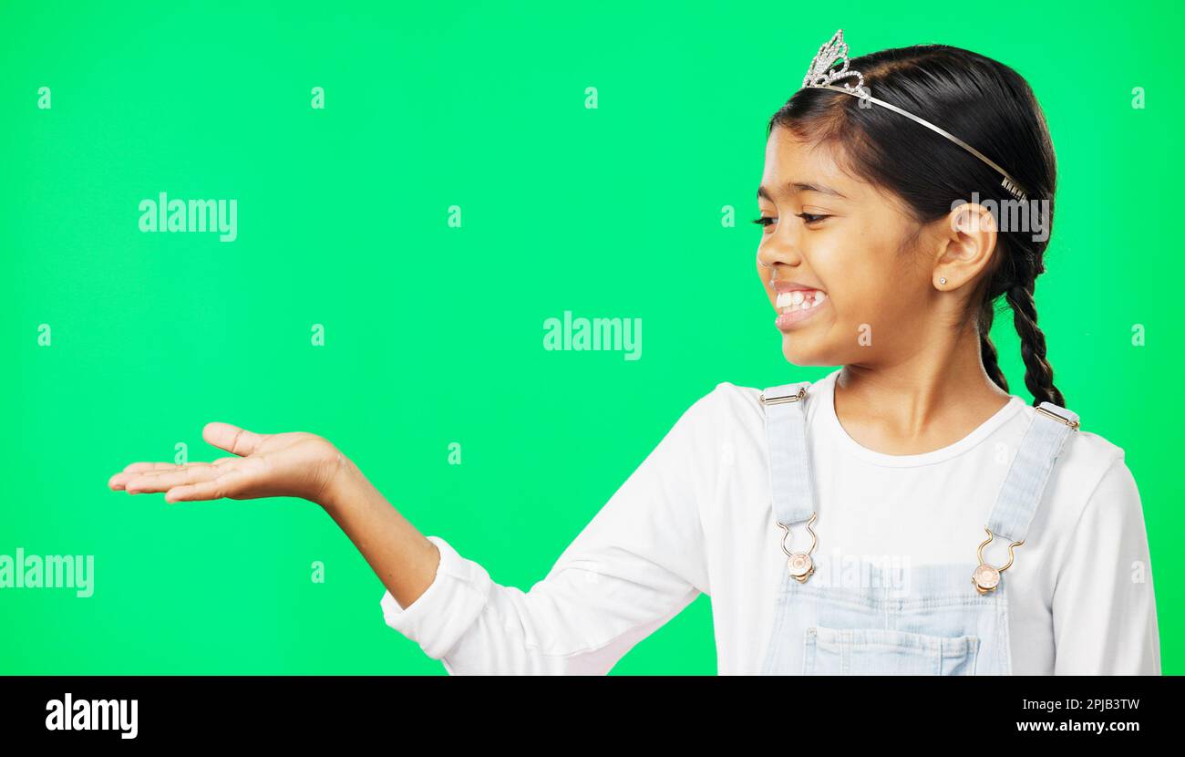Mockup, green screen and child open hand showing product placement ...