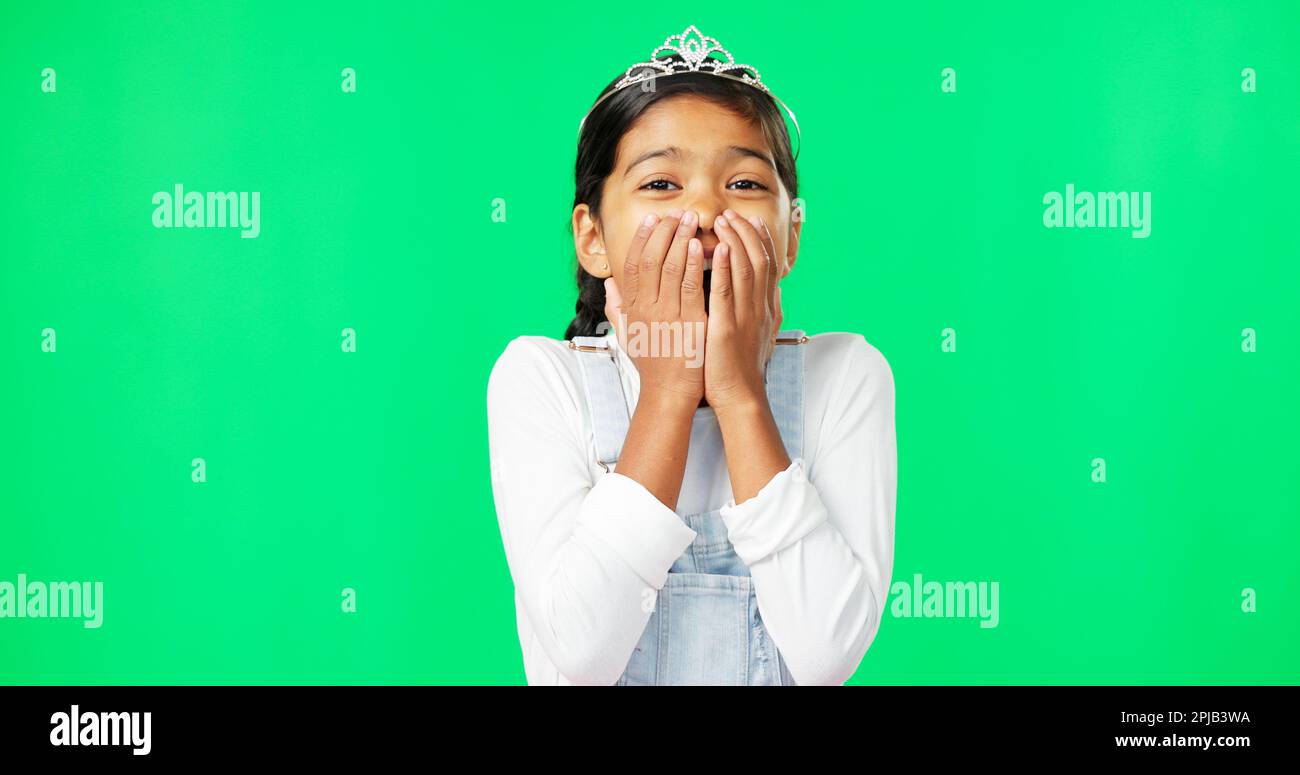 Girl, princess and wow face by green screen studio with shock, surprise ...