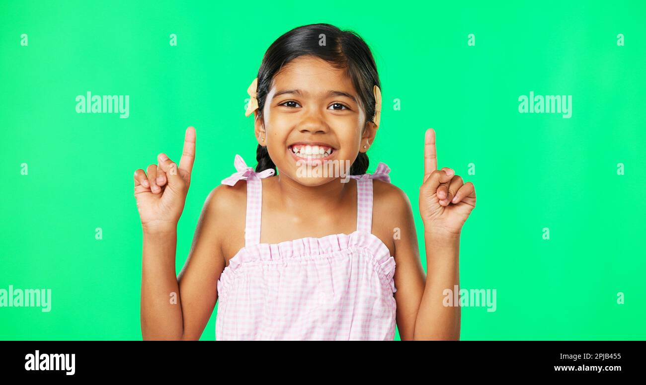 Face, pointing and black girl with motivation, green screen and ...