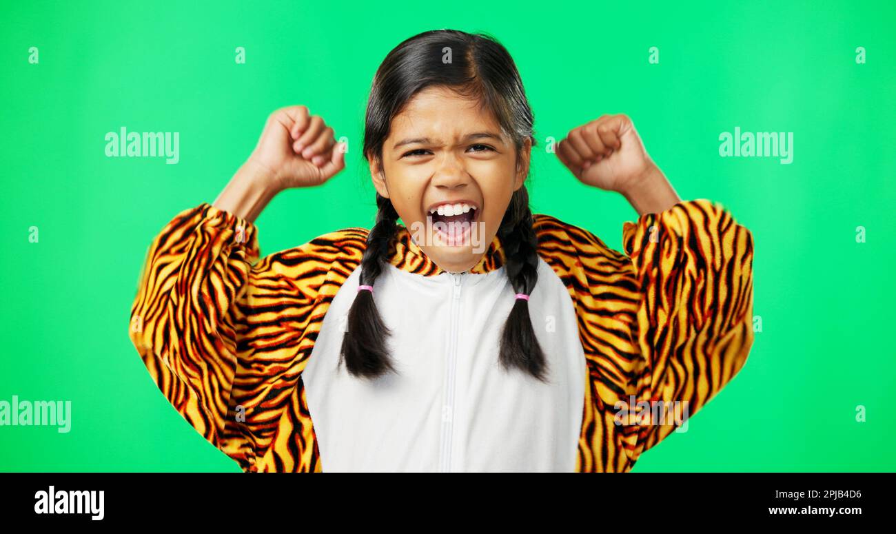 Face, excited and girl cheering, green screen and happiness with joy ...