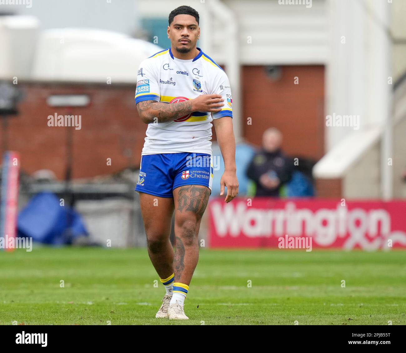 Tom Mikaele #18 of Warrington Wolves making his final appearance for ...