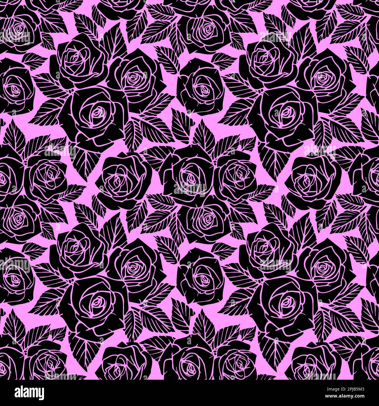 seamless black asymmetric pattern of rose contours on a pink background ...